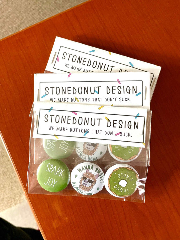 Assorted Pinback Button Designs – Stone Donut Design